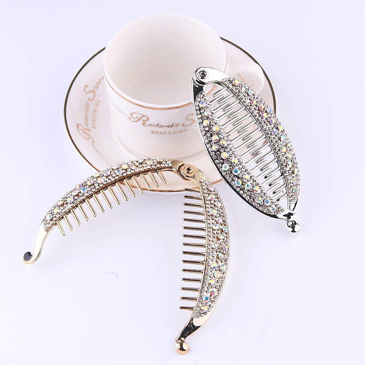 UUYYEO 4 Pcs Shining Rhinestone Banana Hair Clip Hair Claw Grip Fishtail Clip Comb Headdress