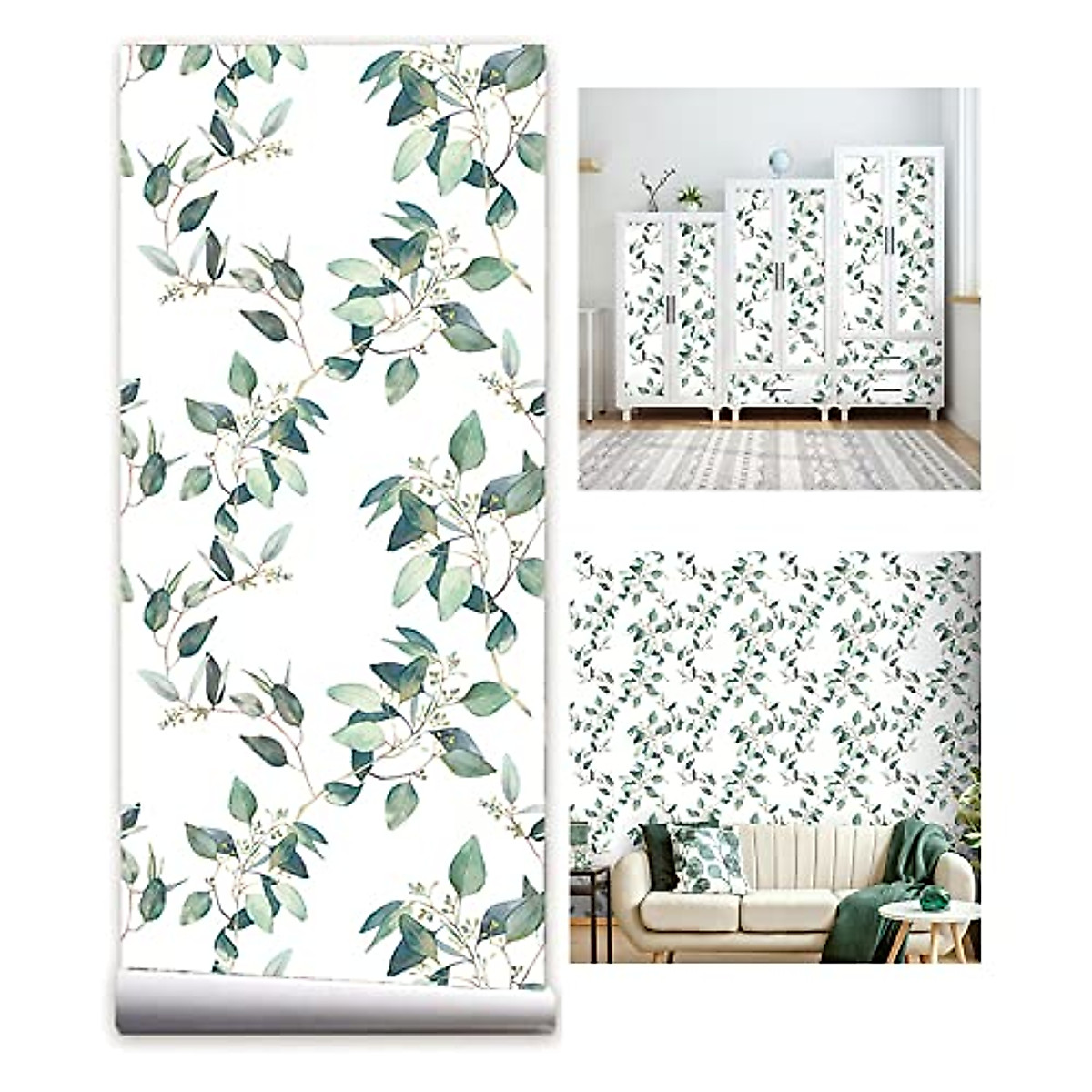 Yifasy 2 Pack Furniture Liners Green Leaf Shelf Drawer Lining Papers Self-Adhesive PVC Countertop Stickers 17.7 Inch Wide