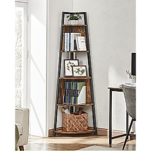 VASAGLE 71.6 Inch Tall Corner Shelf, 5 Tier Rustic Corner Bookshelf Bookcase, Corner Ladder Shelf Multipurpose, Plant Stand for Living Room, Bedroom, Kitchen, Brown and Black ULLS804B01