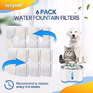 KEEPOW Cat Fountain Filter, 6 Pack Pet Filter Replacement for 84oz/2.5L Square Cat Fountain Dog Water Dispenser, Triple Filtration System