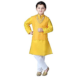Vaanee Designz Boys' Ethnic Wear Waistcoat Kurta Pyjama Set 7 Years-8 Years Yellow
