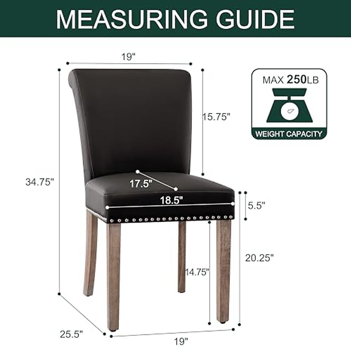 CHUN YI Dining Chairs Set of 2, Upholstered Dining Chair with Nailhead Trim and Wood Legs, Modern Faux Leather Chair for Dining Room, Living Room, Kitchen (Dark Gray)