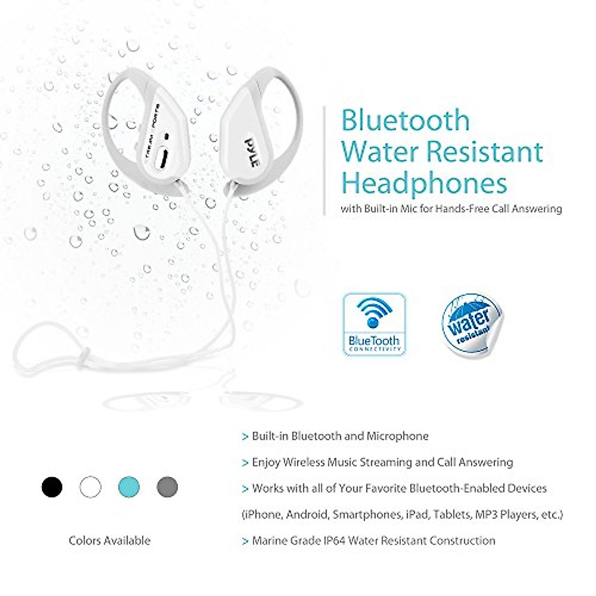 Pyle PWBH18WT Water Resistant Bluetooth Streaming Wireless Headphones with Built-in Microphone, White