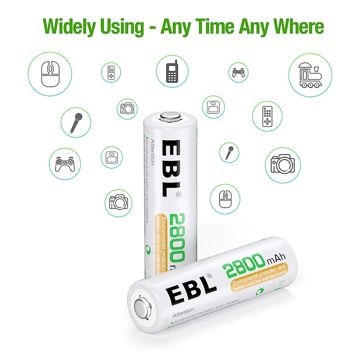 EBL AA Rechargeable Batteries,1.2V NiMH Double A Battery 2800mAh High Capacity Pre-Charged Long Lasting - 4 Pack