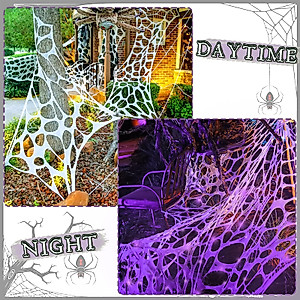 Beef Netting Spider Web for Halloween Outdoor Decoration White Stretchy Beef Netting Roll Spider Web with Purple LED String Lights for Light Up Scary Halloween Yard Garden Decorations