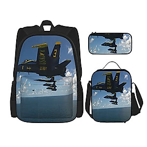 3 Piece Set Backpacks Blue Angels Airplane Aircraft Backpack 3 Piece Set for Boys and Girls Cute Axolotl Fish backpack(School Bag + Pencil Case + Lunchbag Set)