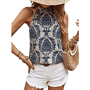 SOLY HUX Women's Halter Tops Graphic Tank Top Blouses Summer Casual Trendy Sleeveless Shirts Beige Tribal M