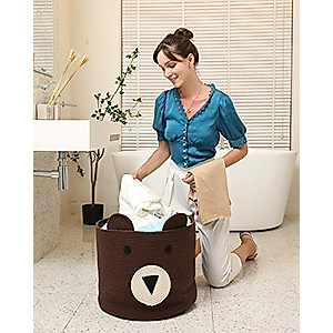 Bear Basket, Animal Basket, Large Cotton Rope Basket, Large Storage Basket, Woven Laundry Hamper, Toy Storage Bin, for Kids Toys Clothes in Bedroom, Baby Nursery, Dark Brown 18"x15"