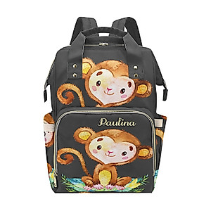 Watercolor Monkey Tropical Personalized Diaper Backpack with Name,Custom Travel DayPack for Nappy Mommy Nursing Baby Bag One Size