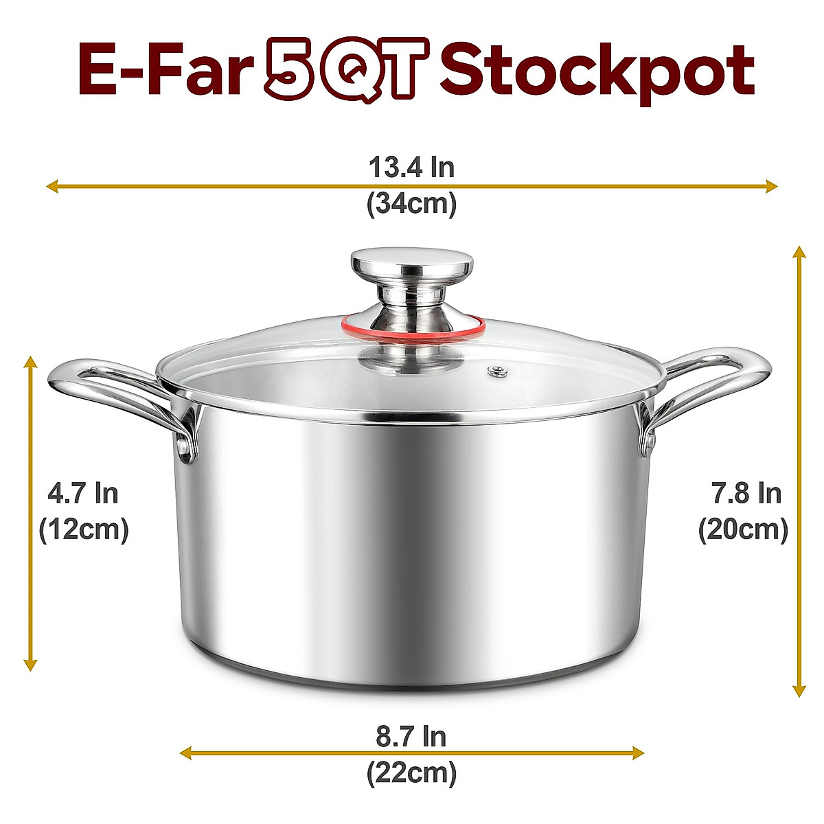 E-far 5 Quart Stock Pot with Lid, 18/10 Tri-ply Stainless Steel Stockpot for Induction Ceramic Gas Stoves, Heavy Duty Cooking Pot for Pasta Soup Stewing Simmering, Oven and Dishwasher Safe