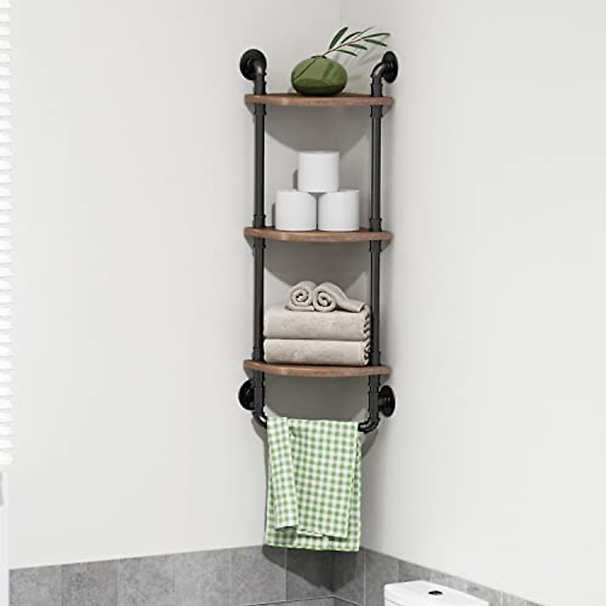 MCleanPin Industrial Pipe Corner Shelving,Rustic Corner Shelf Wall Mount, Corner Floating Shelf 3-Tiers Bathroom Pipe Shelves,Industrial Pipe Wood Shelves