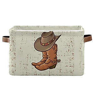 Oyihfvs Brown Cowboy Boots with Hat on Old Vintage Background 1 PC Rectangle Storage Basket Collapsible Fabric with Leather Handles Bag Organizer Clothes for Home Bedroom 15 x 11 x 9.5 in