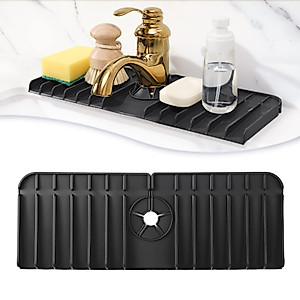 Nuovoware Silicone Sink Facucet Mat, Sink Self-Draining Pad Behind Faucet Anti-Slip Vertical Stripes Reusable Silicone Faucet Mat Pad Sink Drying Mat for Kitchen Sink Splash Guard, Black