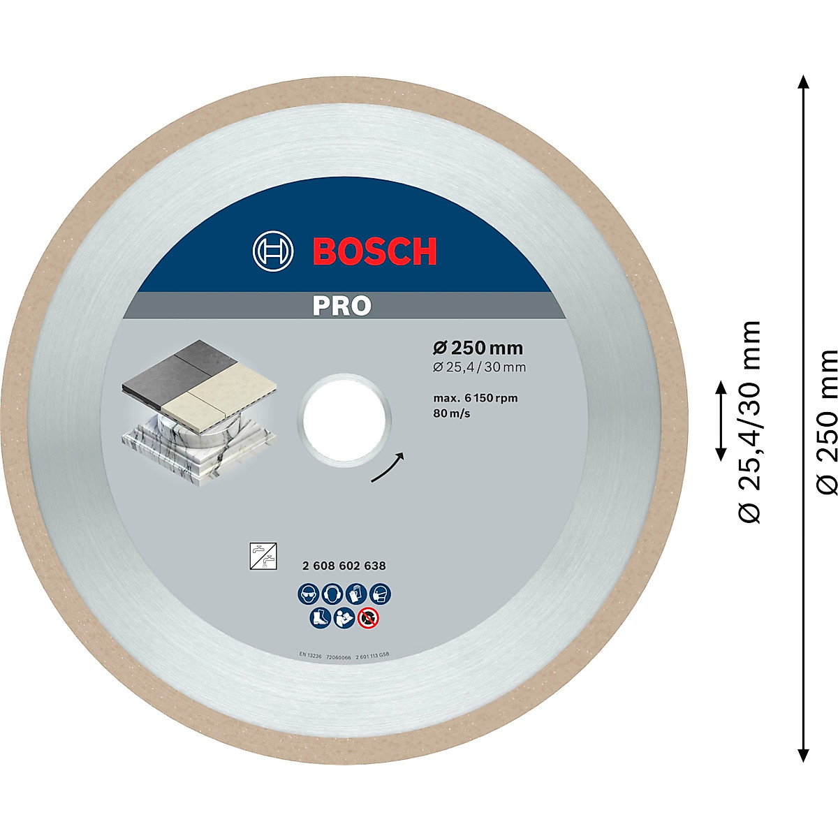 Bosch 2608602638 Diamond Cutting Disc Best for Ceramic, 250mm Ø, 30/25.40mm x 2.4mm x 10mm, Silver/Grey