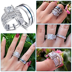 18k Gold Plated Princess Wedding Ring Sets for Him and Her Women Men Titanium Stainless Steel Bands 3.0Ct Cz Couple Rings Size 11&6