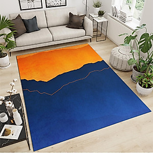 Navy Blue and Orange Irregular Splicing Area Rug, Modern Fashion Creative 5' x 3.3' Rugs, Low Pile Washable Non Slip Indoor Carpet for Living Room Bedroom Entryway Hallway Study Room Home Decor