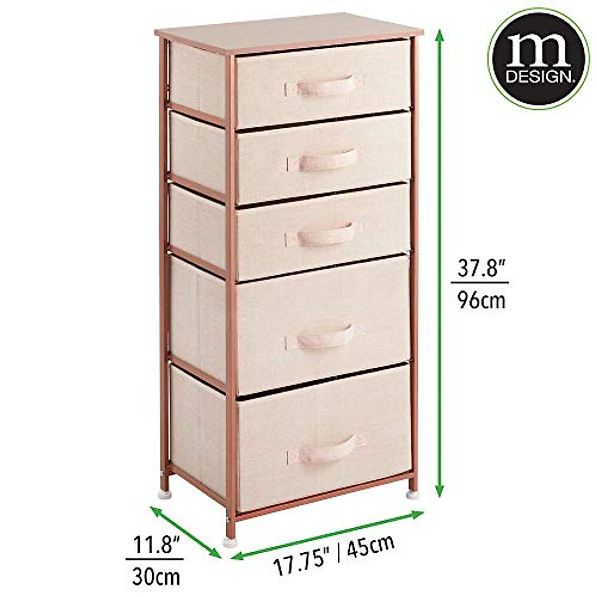 mDesign Storage Dresser Furniture Unit - Tall Standing Organizer Tower for Bedroom, Office, Living Room, and Closet - 5 Drawer Removable Fabric Bins - Light Pink/Rose Gold