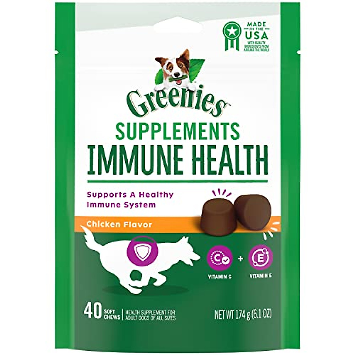 Greenies Immune Health Dog Supplements with an Antioxidant Blend of Vitamin C and E, 40-Count Chicken-Flavor Soft Chews for Adult Dogs