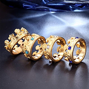 OAKKY Men's Women's Stainless Steel Retro Royal King Crown Cross Inlaid Domineering Ring Gold with White Gemstone Size 9