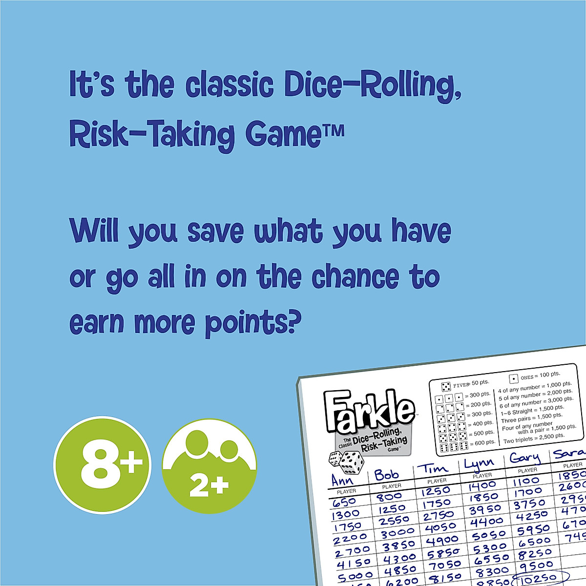 PlayMonster Farkle Classic Dice Game – Premium Kids Games, Dice Games, Family Games, Travel Games, Adult Games, Board Games, Dice Cup, Dice Set, Farkle Score Sheets Included, Ages 8+