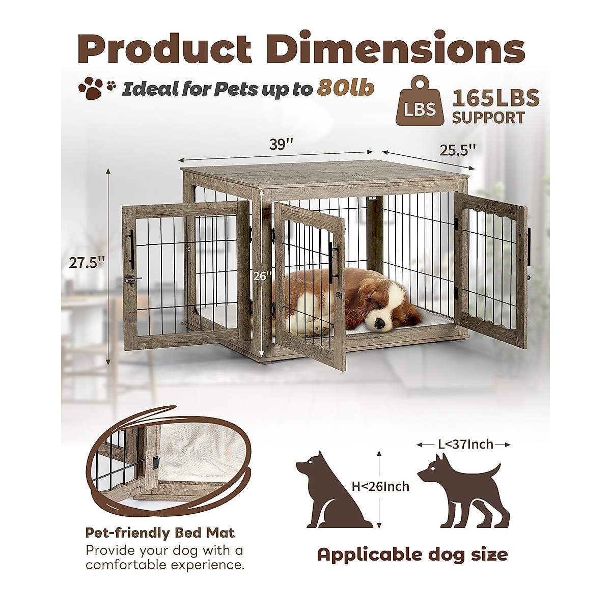 Upolana Large Dog Crate Furniture, 38 inch Dog Crates with Bed Pad, Wooden Dog Kennel Furniture, End Table Dog Cage with 3 Doors, Greige S35812