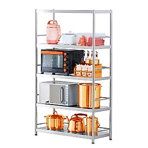 susunnus 5-Tier Stainless Steel Shelf, Heavy Duty Shelving for Kitchen, Garage, Industrial Storage, Kitchen Shelves with Guardrails, Adjustable Feet, Easy to Clean