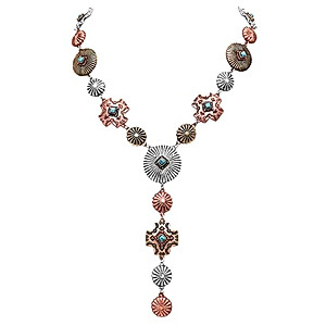 Rosemarie & Jubalee Women's Stunning Tri Toned Western Conchos With Semi Precious Turquoise Howlite Stone Y-Drop Collar Necklace, 17"+3" Extender