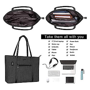MOSISO USB Port Laptop Tote Bag for Women,Compatible with MacBook, 17-17.3 inch Notebook and Chromebook, Work Travel Business Computer Bag with Small Purse, Black