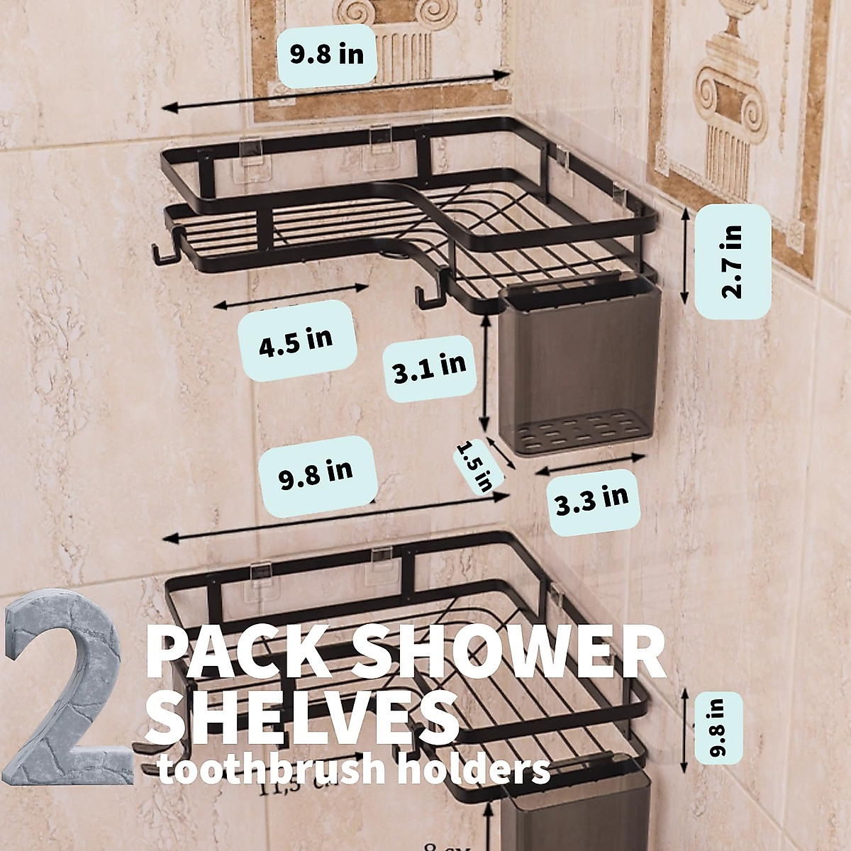 Generic Corner Shower Caddy, 2 Pack Adhesive Shower Corner Organizer Shelves, No Drilling Stainless Steel Shower Storage Rack with Hooks&Toothpaste Holder for Bathroom, Dorm and Kitchen, Black