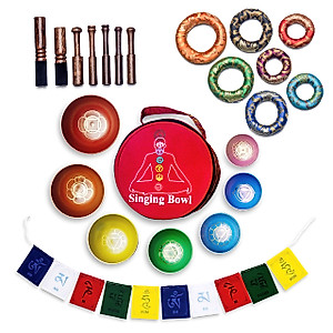 Khusi Tibetan Singing Bowl Set of 7, Handmade, 7 Colors Singing Bowl, Chakra healing, Relaxation, Stress Relief and Spiritual Singing Bowl, Comes w/silk cushions, 4 sticks and Brocade Box