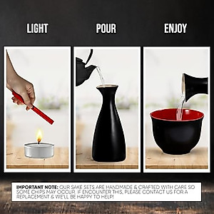 Japanese Sake Set with Warmer | 11 pc | 6 sake cups only | non electric sake warmer | sake bottle | candles | lighter | bamboo sake flight tray for sake cup set | bomb gift kit for chinese sake set