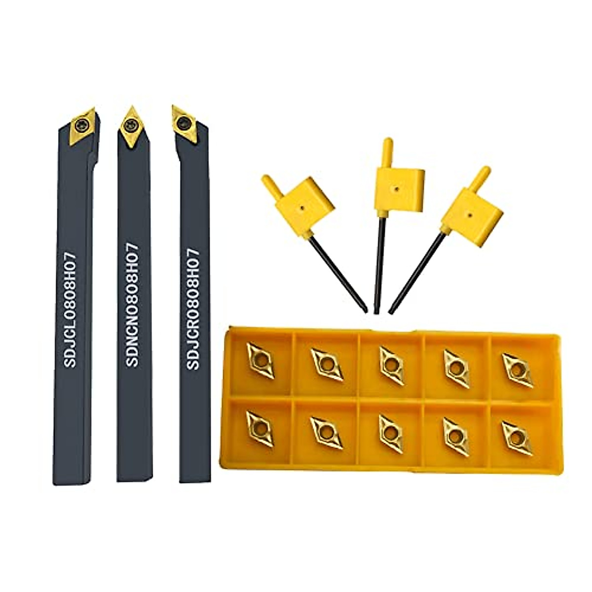 RHFGYY 10pcs DCMT070204 DCMT21.51 Carbide Turning Inserts with 3pcs Indexable Turning Tool Holders SDJCR0808H07 + SDJCL0808H07 + SDNCN0808H07 CNC Lather Tools