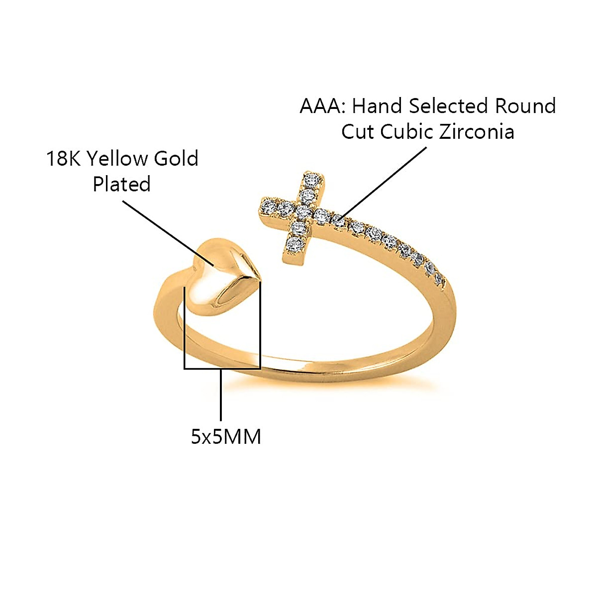 Savlano 18K Yellow Gold Plated Round Cut Cubic Zirconia Sideways Cross and Heart Open Band Ring Women Religious Ring (10)