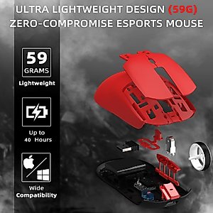 A.JAZZ AJ139 G Pro Wireless Gaming Mouse Ultra-Lightweight 59g with Dual Mode-Type C Wired/2.4Ghz USB Receiver up to 26000DPI 6 Programmable Button Ergonomic Symmetric for PS4 Xbox PC Mac Gamer(Red)