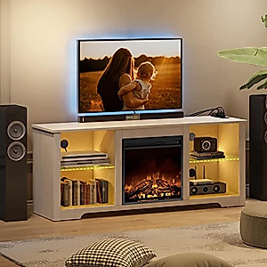 Rolanstar Fireplace TV Stand with LED Lights and Power Outlets, TV Console for 43" 50" 55" 60" 65", Entertainment Center with Adjustable Glass Shelves, White