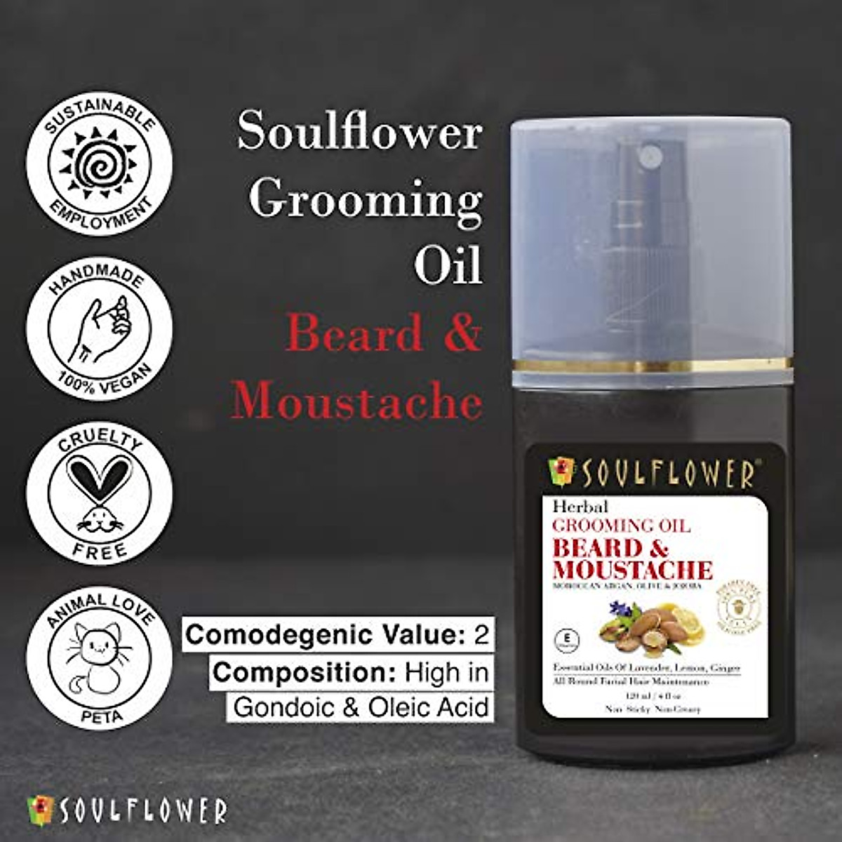 Soulflower Beard & Moustache Oil for Skin Nourishment & Hydration Enriched with Essential Oils of Geranium, Lavender & Lemon - 100% Pure, Vegan, Organic, Natural - 120ml / 4 fl oz