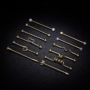 Masedy 12Pcs 14G 316L Stainless Steel Industrial Barbell Earrings for Women Men Cartilage Helix Piercing Gold