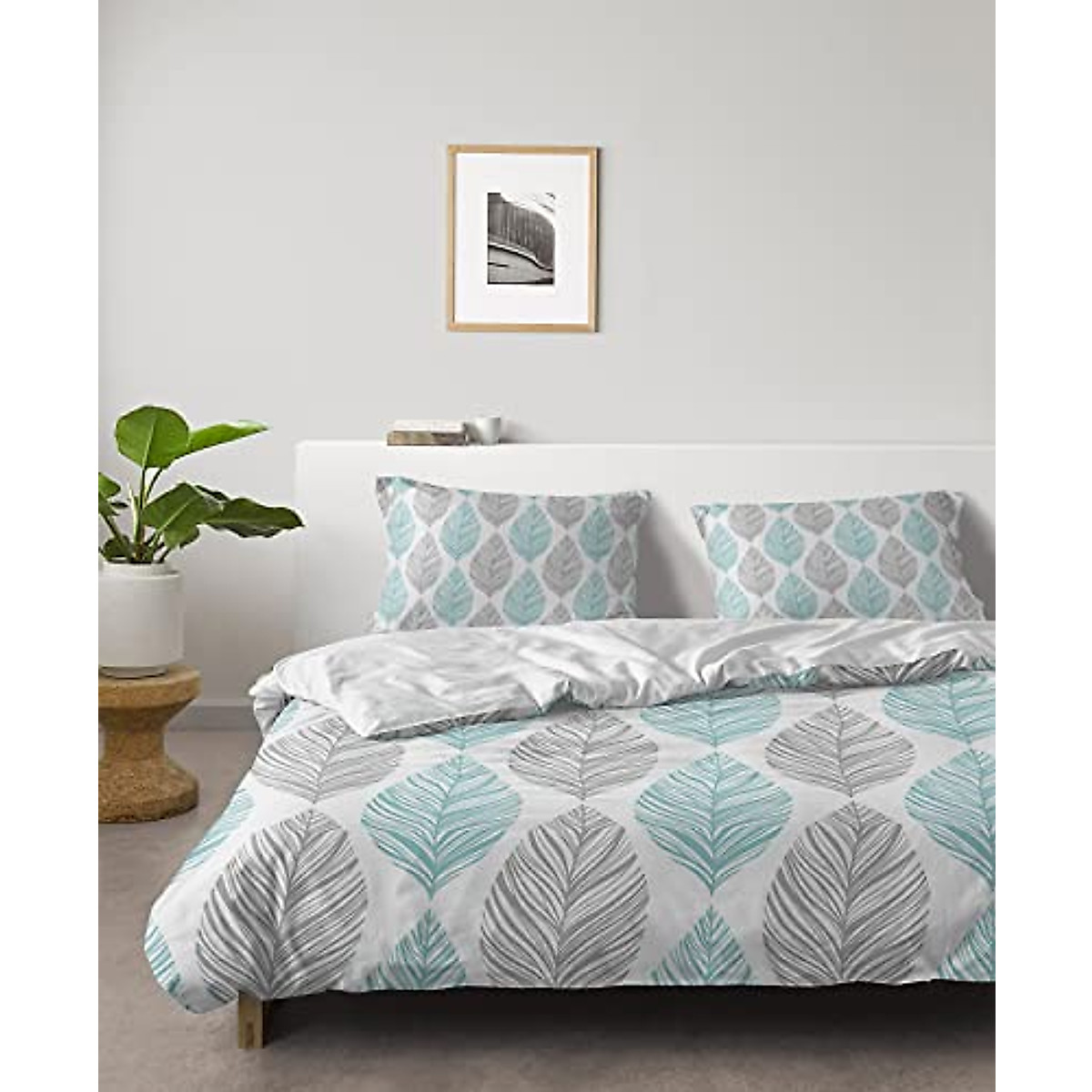 Teal Gray Leaves Texture Seamless Duvet Cover Sets 4 Piece Twin Ultra Soft Bed Quilt Cover Set for Kids/Teens/Women/Men,Feather Abstract Art White Back Bedding Collection All Season Use