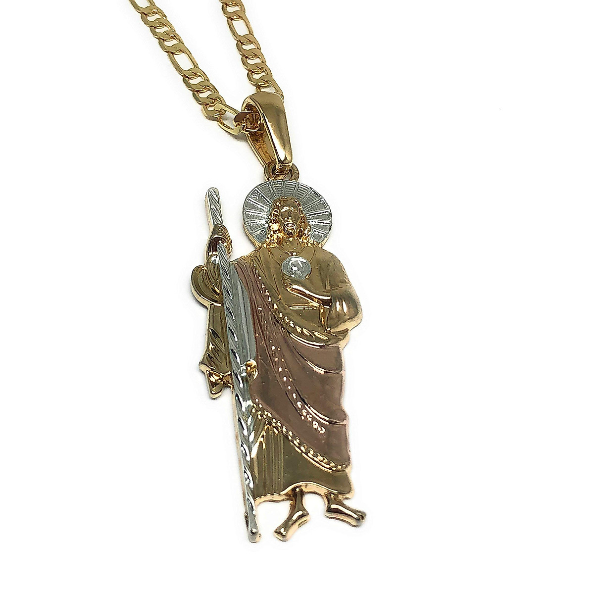 Big Saint Jude Pendant Necklace Figaro 26" San Judas Tadeo XL Tres Colores Medalla Con Oro Laminado