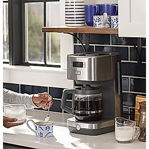 GE Drip Coffee Maker With Timer | 12-Cup Glass Carafe Coffee Pot With Warming Plate | Adjustable Brew Strength | Wide Shower Head for Maximum Flavor | Kitchen Essentials | Stainless Steel