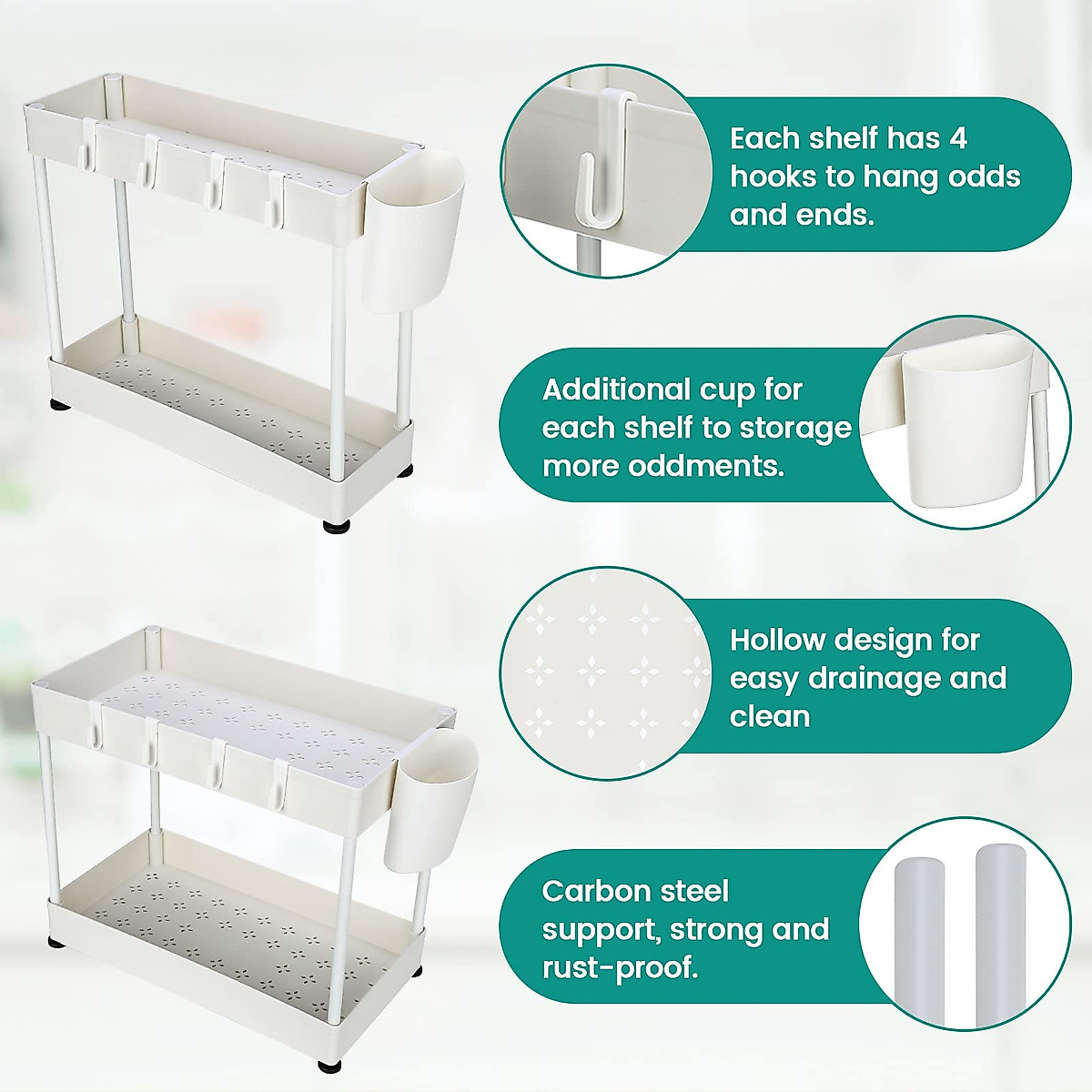 Qucover Under Sink Organizer 2 Pack White, Different Width 2 Tier Bathroom Cabinet Organizers and Storage, Waterproof Rust-proof ABS Plastic Kitchen Sink Organizer with Hanging Cups and Hooks