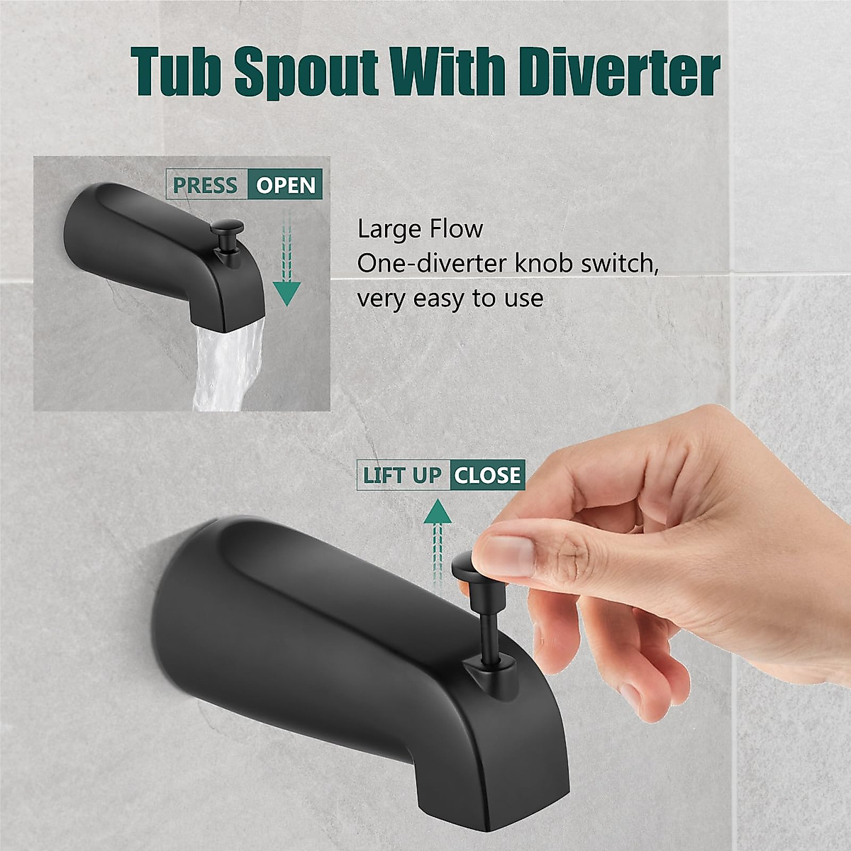 Heyalan Bathtub Shower Faucet Set,6 Inch Square Shower Trim Kit Single Handle Shower System,Showerhead and Handle Set Male Thread Pressure Balance Valve,With Tub Spout,Matte Black