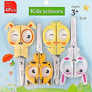 Asdirne Scissors For Kids, Blunt Scissors, Small School Student Craft Scissors, Sharp Stainless Steel Blades Safety, Cute Animal Shapes, 5 inch, 4pack