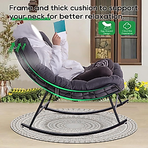 PORWEY Patio Rocking Papasan Chair, Outdoor & Indoor Egg Reading Recliner Chair, Oversized Royal Comfy Lounge Rocker with Large Cushion and Ottoman for Bedroom, Living Room, Porch, Gray