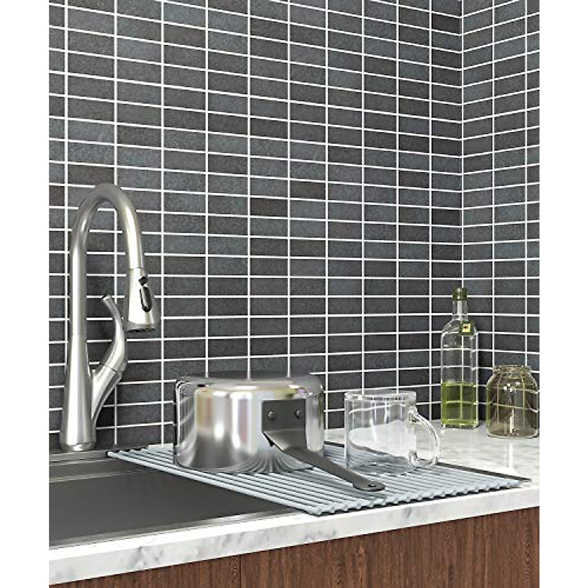 X Home Large Roll Up Dish Drying Rack, 20.5 x 13 Inch Silicone Coated Foldable Dish Rack Over The Sink for Kitchen, Gray