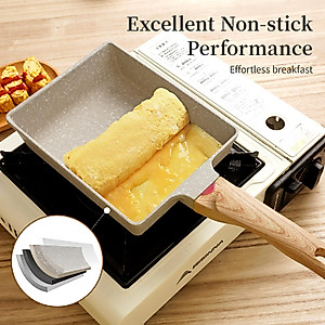 Innerwell Tamagoyaki Pan Japanese Omelette Pan - Nonstick Tamago Pan, Rectangle Egg Frying Pan, Omelet Pan with Spatula & Whisk, Wooden Handle, PFOS & PFOA Free, Oven & Dishwasher Safe