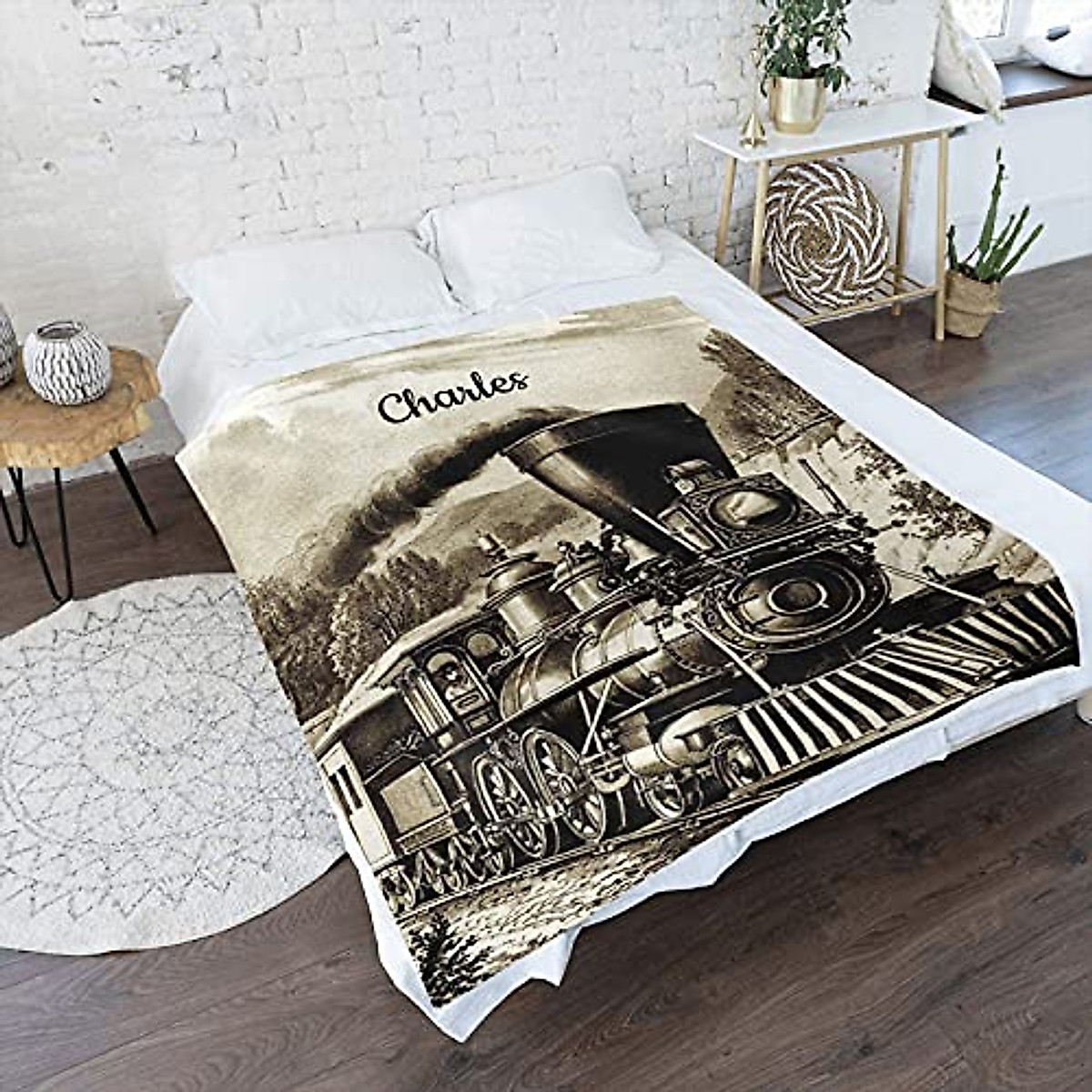 Steam Train Personalized Blankets Custom Super Soft Fleece Blanket with Name 50'' x 60'' Throws for Men Women Wedding Gifts