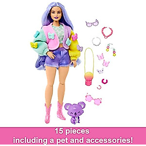 Barbie Extra Doll & Accessories with Wavy Lavender Hair in Colorful Butterfly Sweater & Pink Boots with Pet Koala