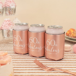 Crisky 60th Birthday Can Cooler for Women 60th Birthday Decorations Rose Gold 60 Fabulous Can Berverage Beer Sleeve Party Favor, Insulated Can Coolies 60th Birthday Gift Idea for Her 12 Pack