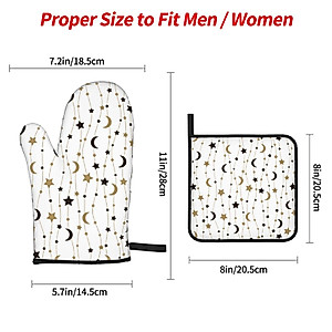 Oven Mitts and Pot Holders Sets 4 Piece, Black Gold Moon Stars Oven Gloves Heat Resistant Non-Slip for Kitchen Cooking Grilling Baking